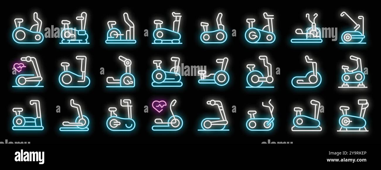 Glowing blue and pink neon signs depicting various types of stationary ...