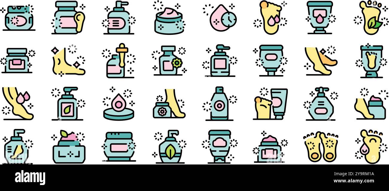 Foot cream icons set. Outline set of foot cream vector icons for web ...