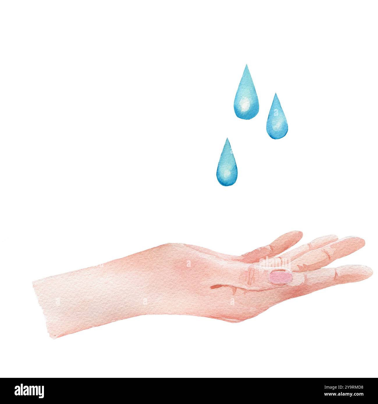 Hand turned palm up and drops of water. Watercolor illustration of ...