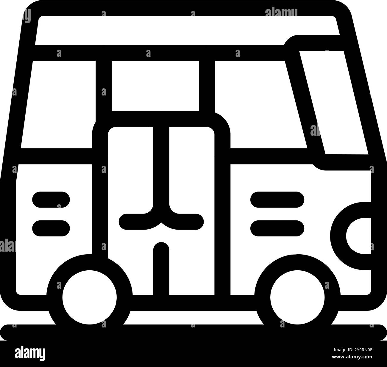 Black and white icon of a passenger bus arriving at the bus stop to ...