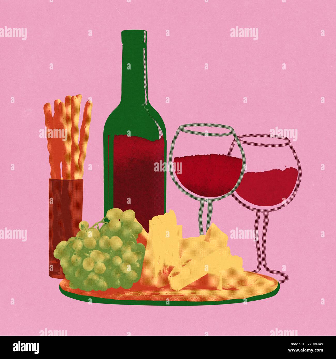 Classic wine set up, bottle, two full glasses, grapes, cheese, and ...