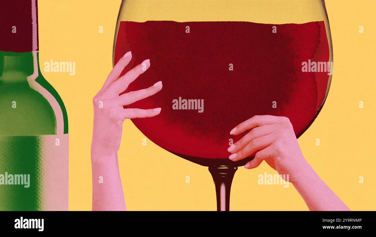 Hand holding giant wine glass filled to the brim. Indulgence and ...