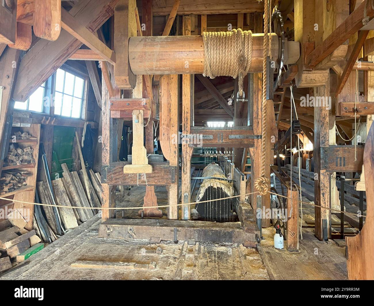 Zaandijk, September 29, 2024. The interior of an old saw mill at Zaanse Schans, Holland. High ...