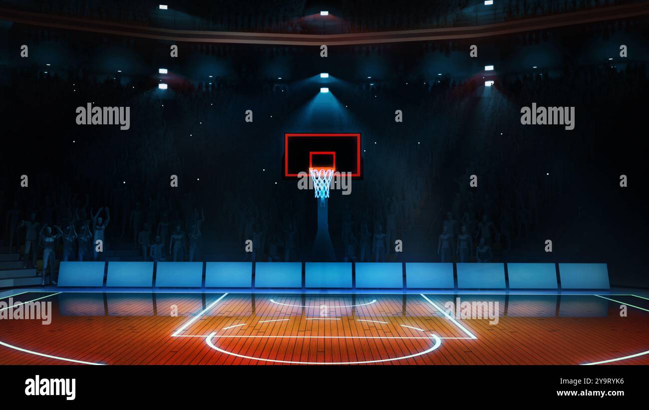 Basketball court illuminated by spotlights, with crowd of spectators ...