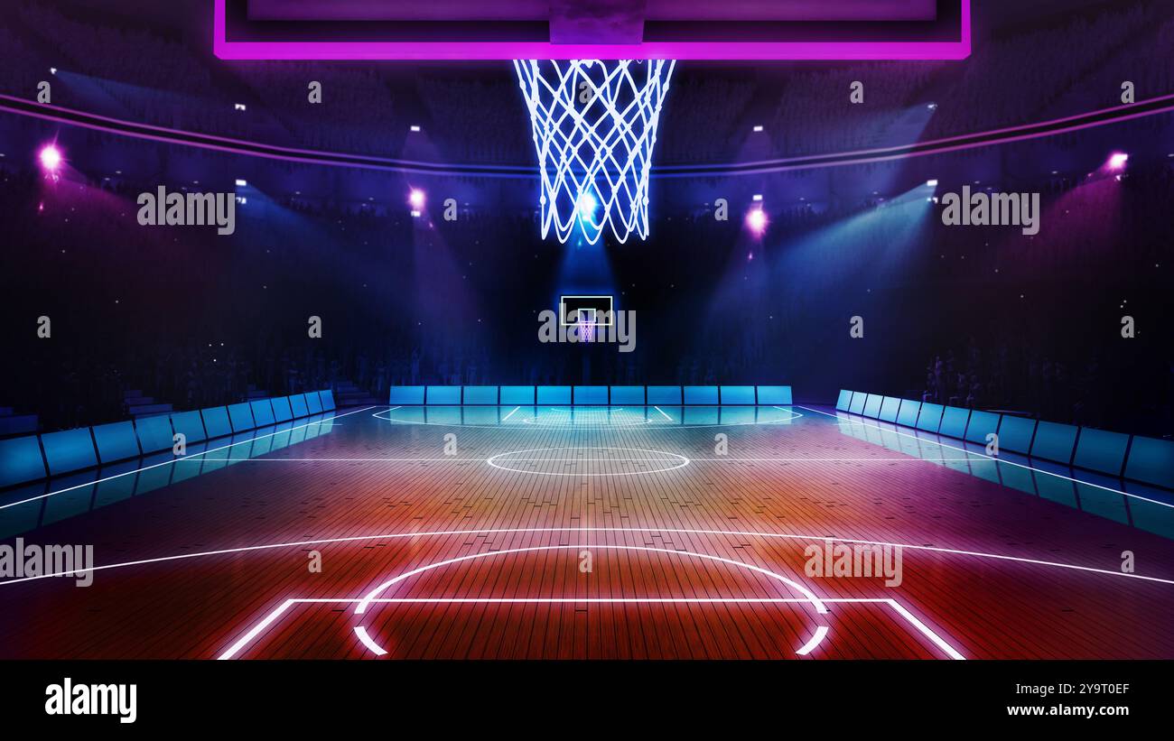 Basketball court in vibrant neon lights, with hoop above center of ...