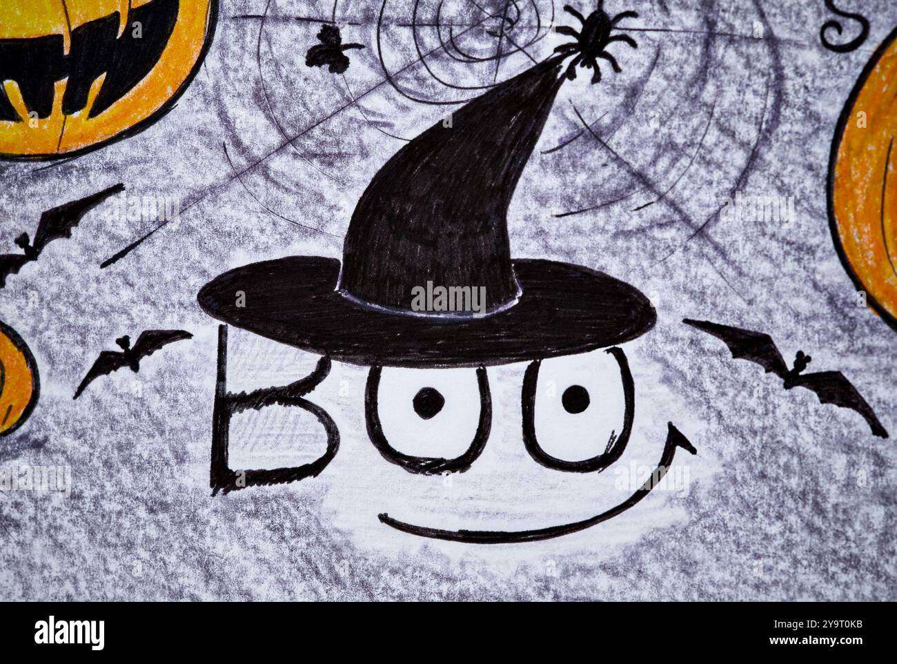 Halloween pencil hand drawing. Word Boo with witch hat, spider, spider ...
