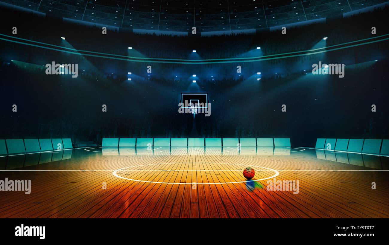 Basketball court illuminated by spotlights, with crowd of spectators ...