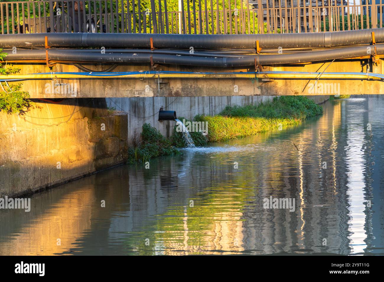 Polluted water is flowing from a large black pipe under a bridge ...