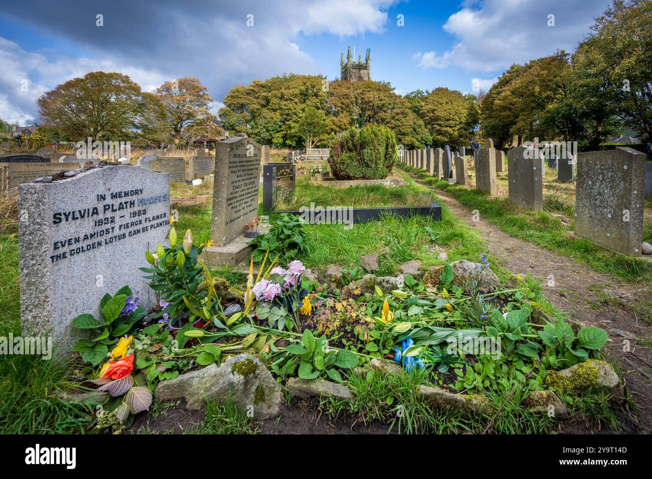 The grave of poet Sylvia Plath Hughes at St Thomas The Apostle Church in Heptonstall, Calderdale ...