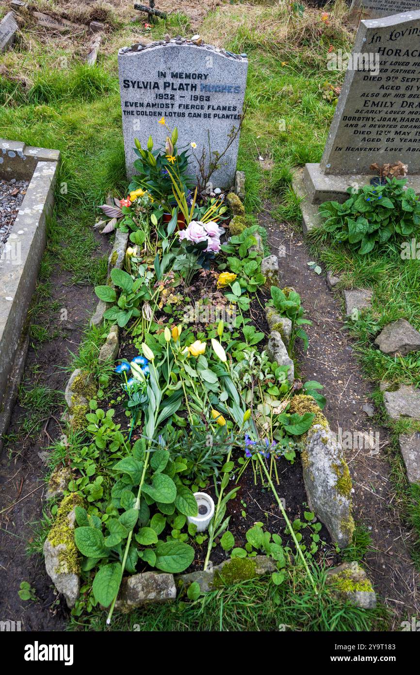 The grave of poet Sylvia Plath Hughes at St Thomas The Apostle Church in Heptonstall, Calderdale ...