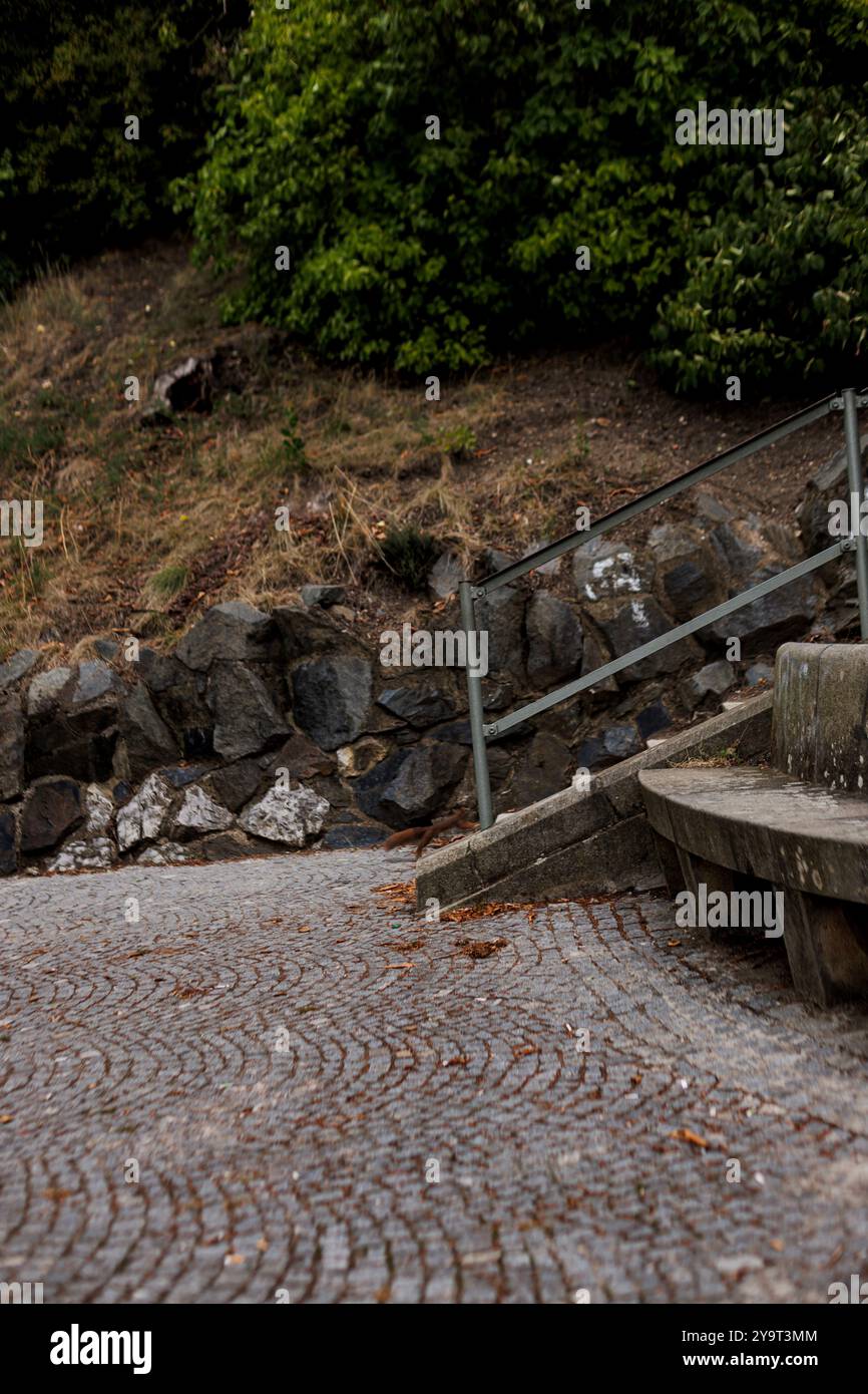 Cobblestone path leading up stone steps and metal railing with stone ...