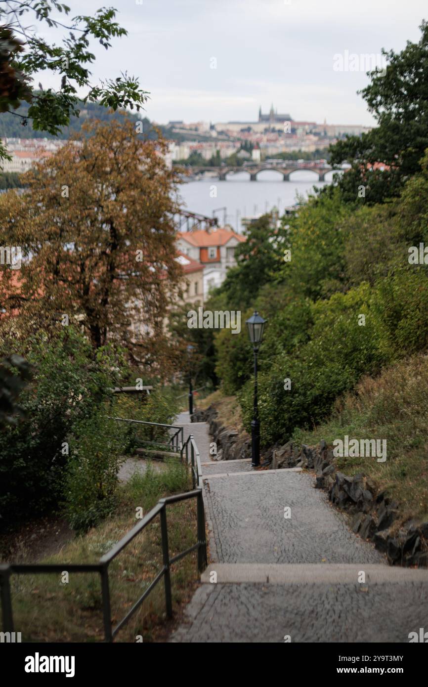 Walking down a cobblestone path in a lush green park overlooking prague ...