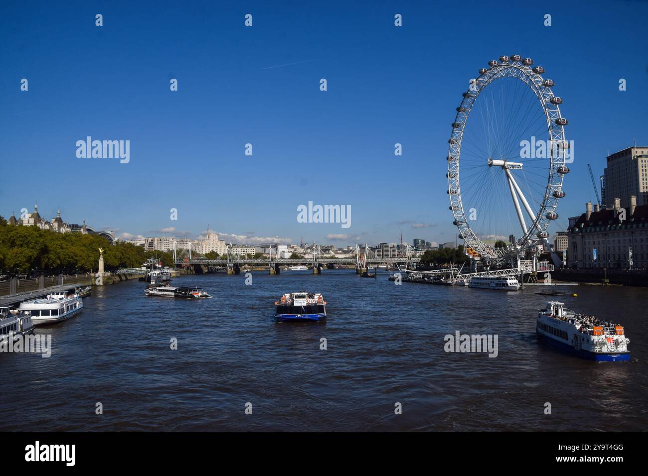 London, UK. 11th October 2024. The London Eye and River Thames, daytime ...