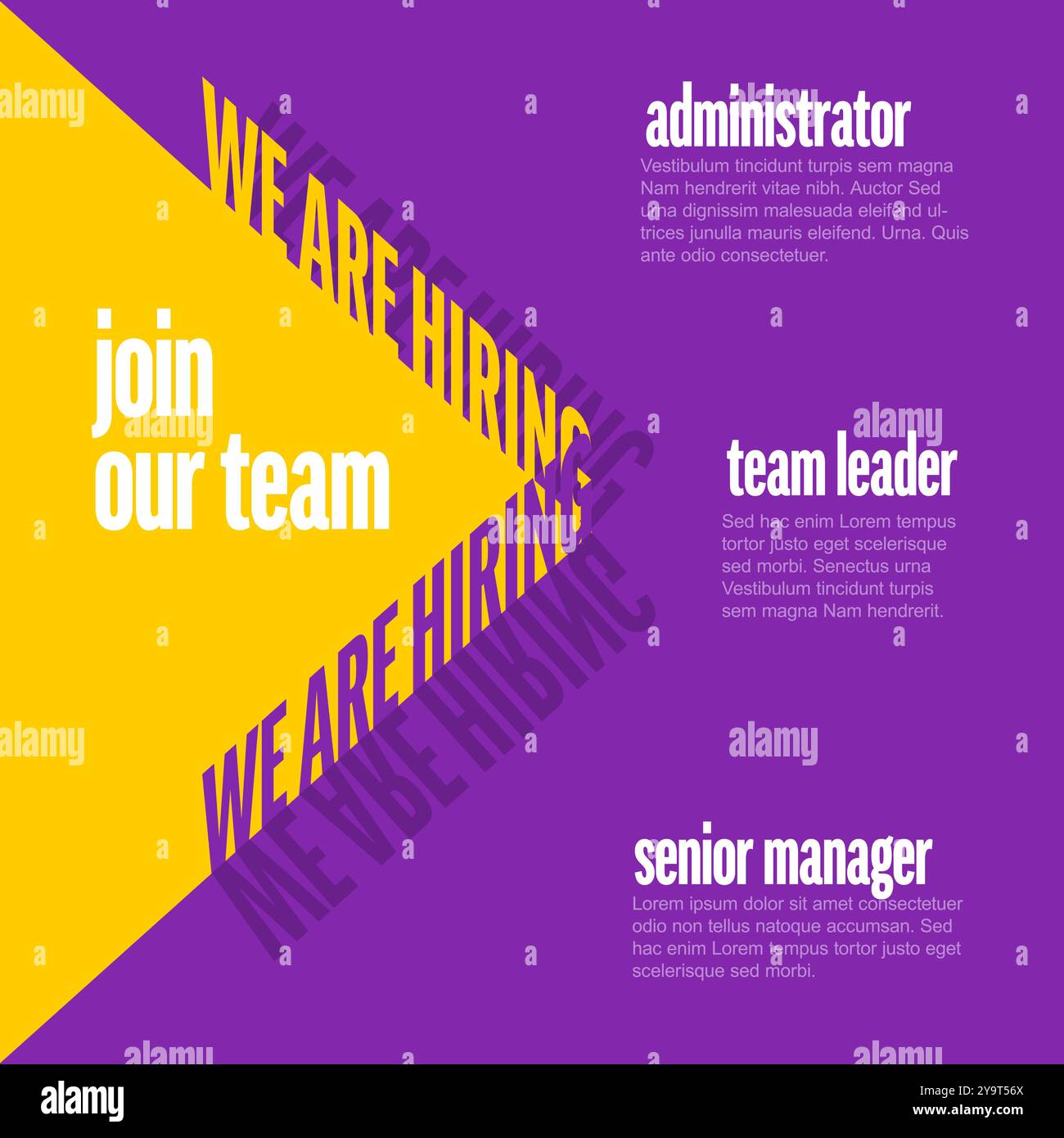 Modern we are hiring poster with purple yellow letters on color ...