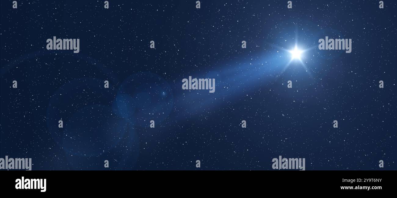 Bright Star of Bethlehem in the starry blue sky over the manger of ...