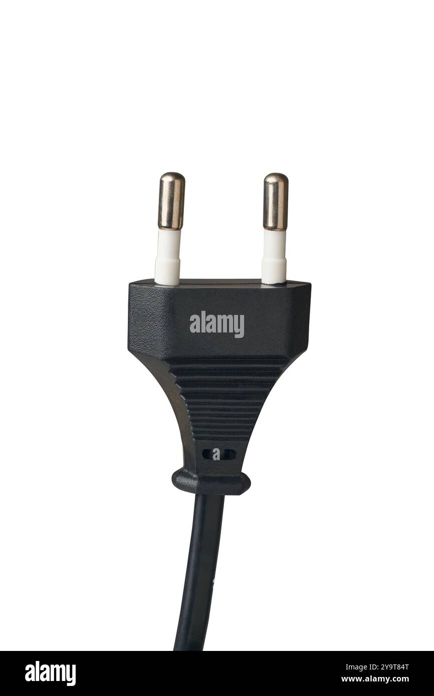 close-up of two round pins mains plug or europlug isolated white ...