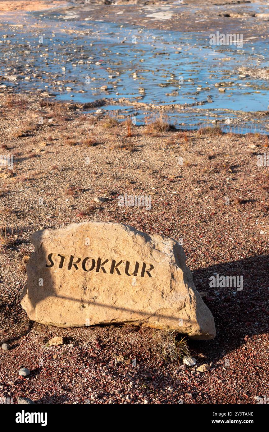 Stone sign with the name of Strokkur near the famous geyser Stock Photo ...