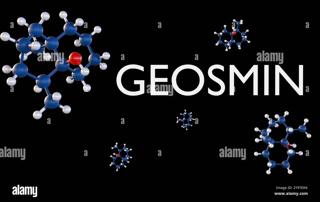 3d rendering of word "GEOSMIN" written in bold, 3D letters and chemical ...