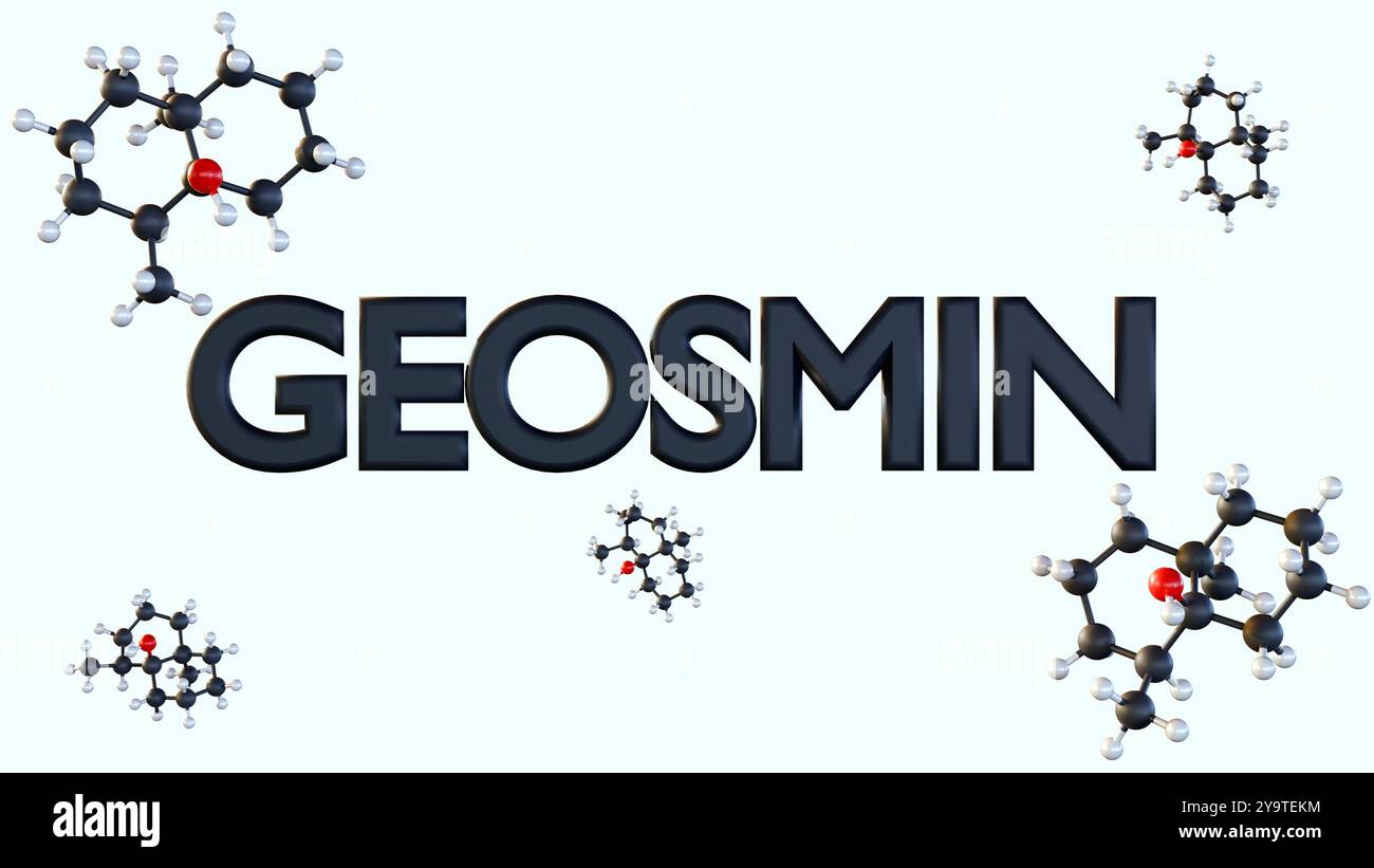 3d rendering of word "GEOSMIN" written in bold, 3D letters and chemical ...