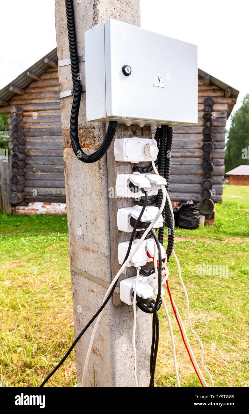 Sockets, outlets and cutout uncover connected powerlines. Risk short ...
