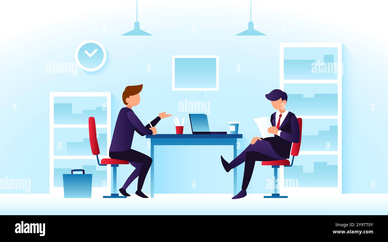 Two business professionals engage in discussion during a meeting in a ...