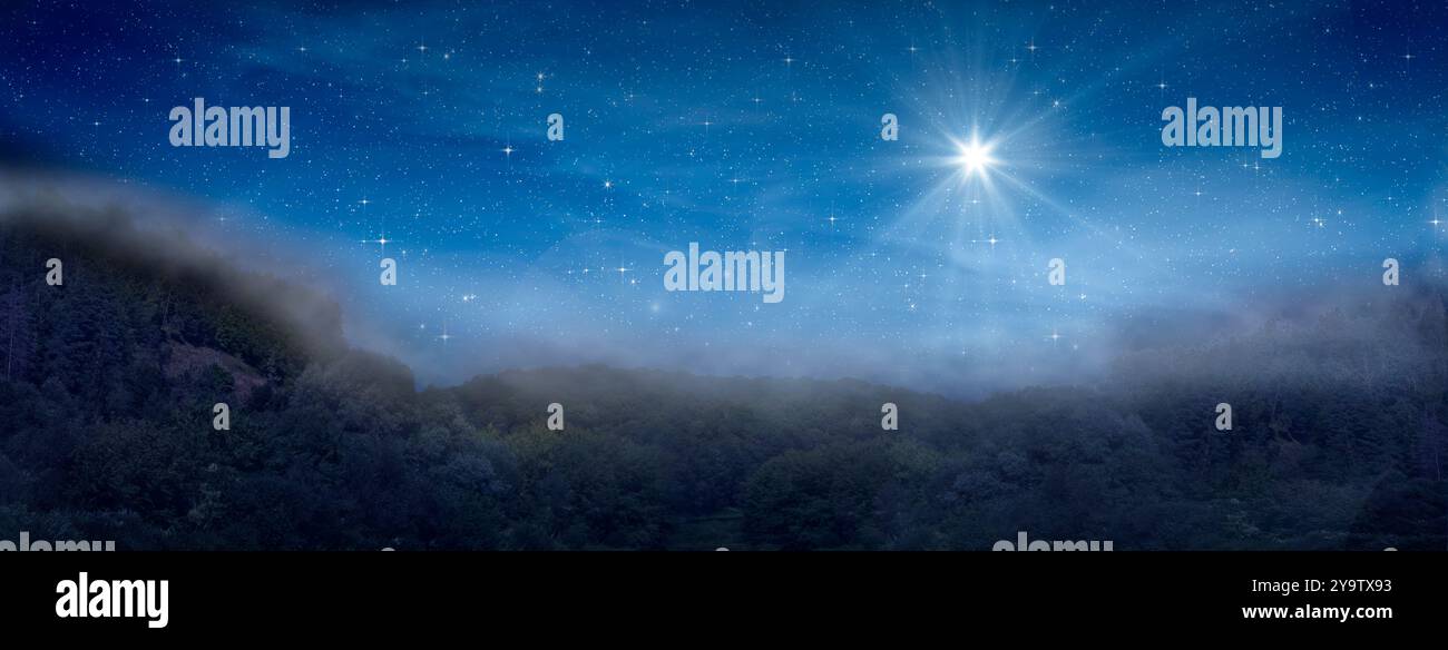 Bright star indicates the Nativity of Jesus Christ in the starry sky ...