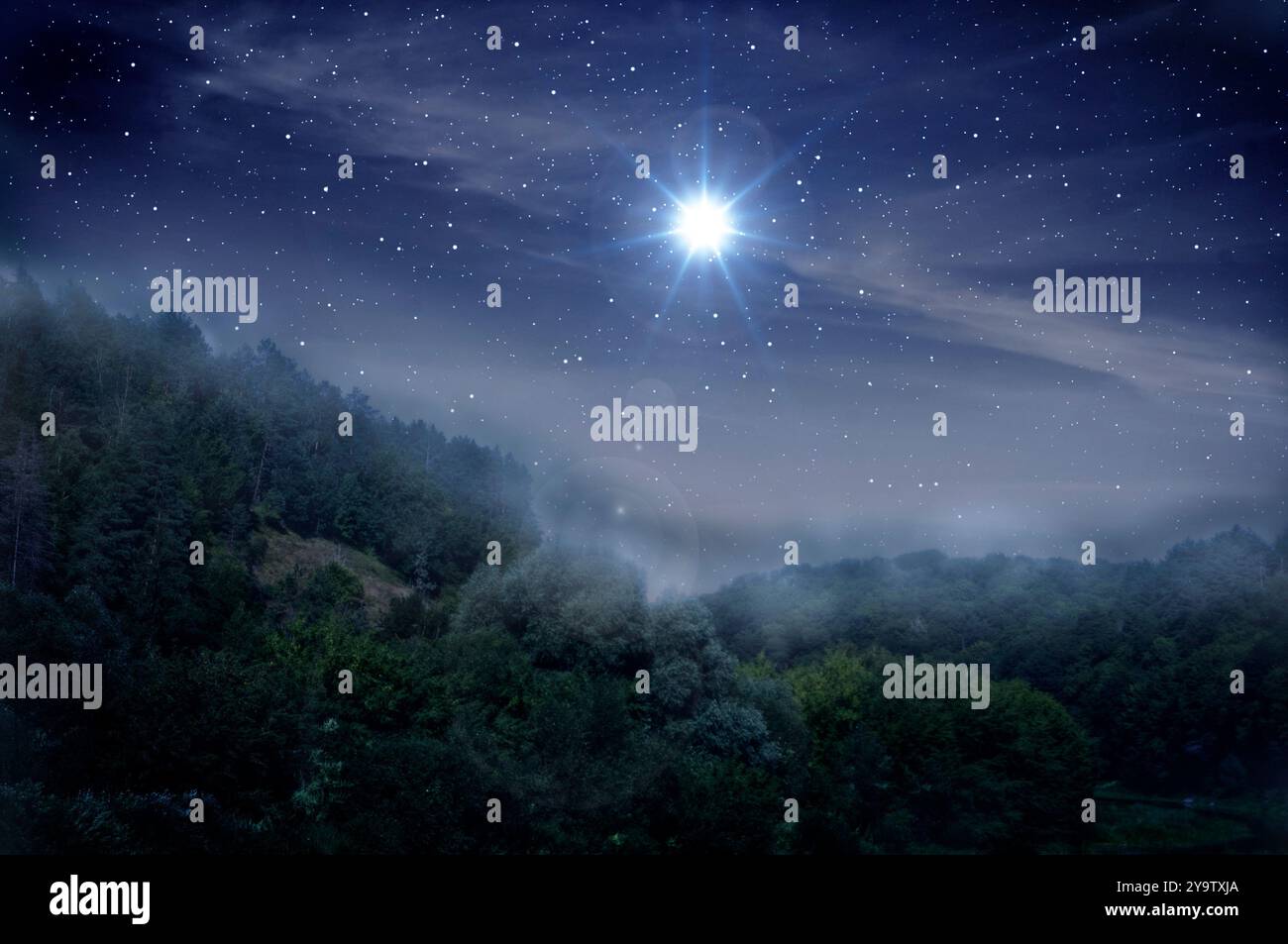 Bright star indicates the Nativity of Jesus Christ in the starry sky ...