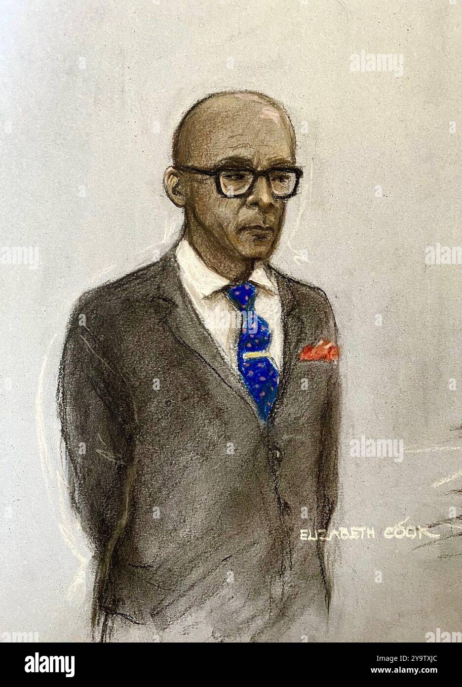 Court artist drawing by Elizabeth Cook of BBC presenter Jay Blades ...