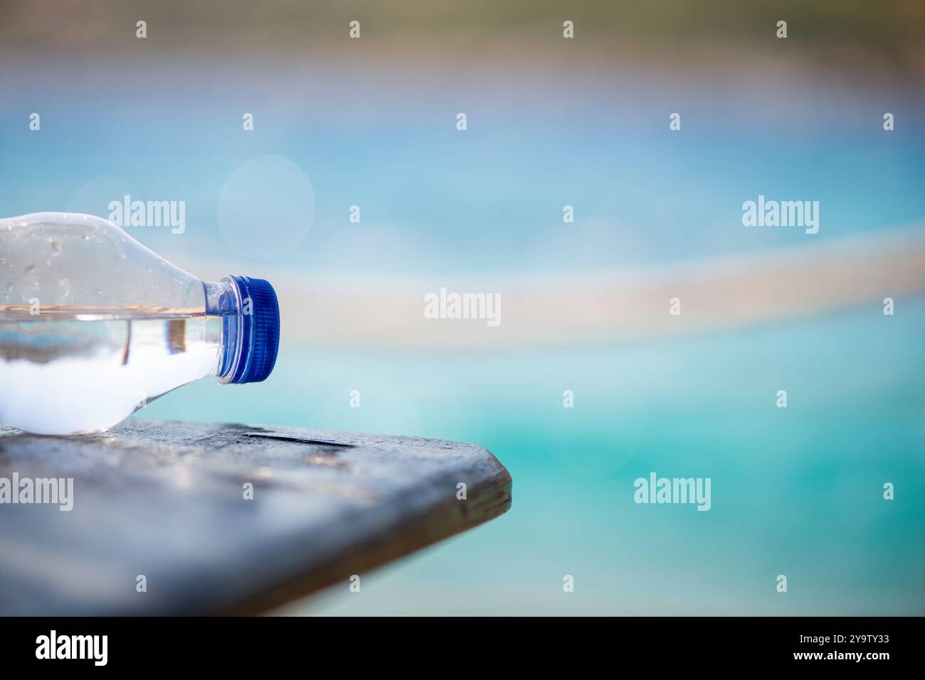 A poignant image of a plastic bottle resting on the shoreline ...