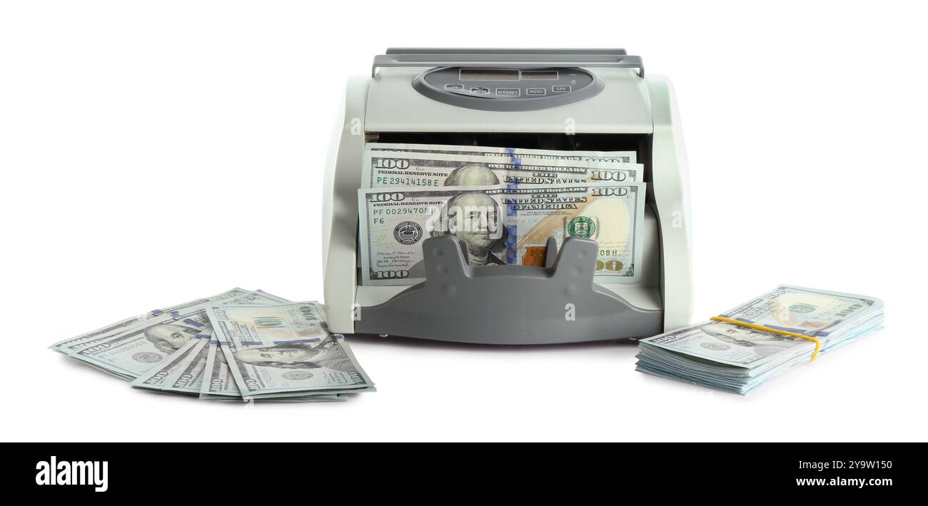 Money counter machine and dollar banknotes isolated on white Stock ...