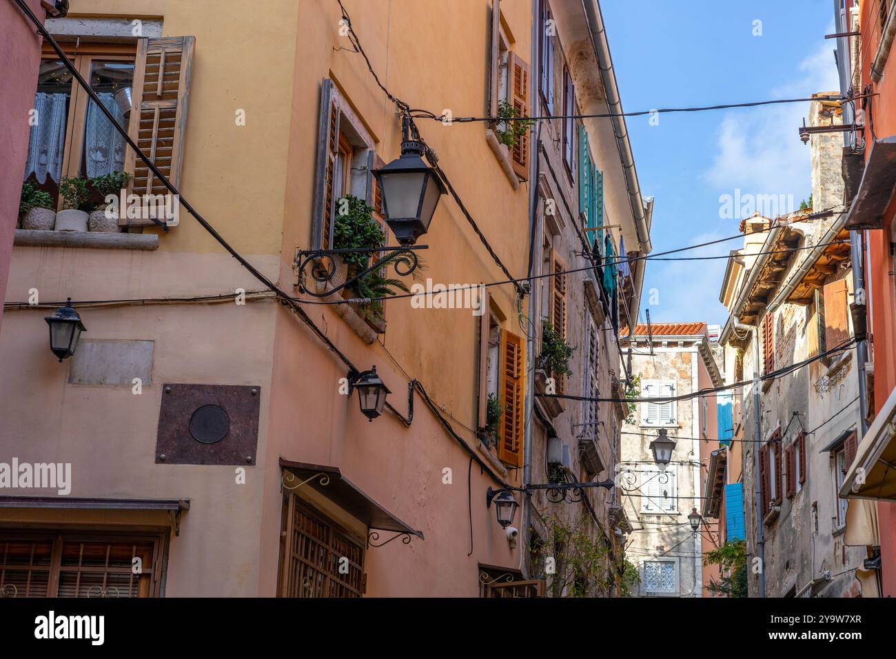 cityscape grisia street view in Rovinj Croatia with yellow houses doors ...