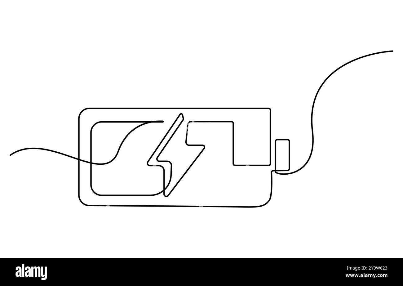 One continuous line drawing of battery charging. Lightning bolt symbol ...