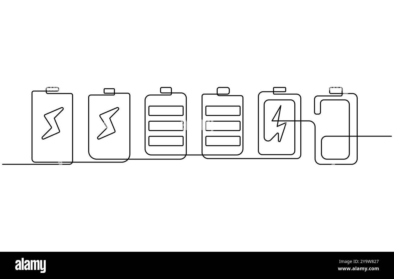 One continuous line drawing of battery charging. Lightning bolt symbol ...