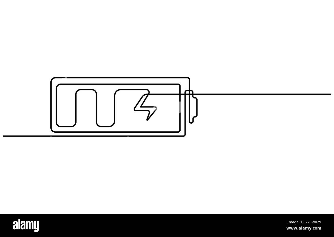 One continuous line drawing of battery charging. Lightning bolt symbol ...