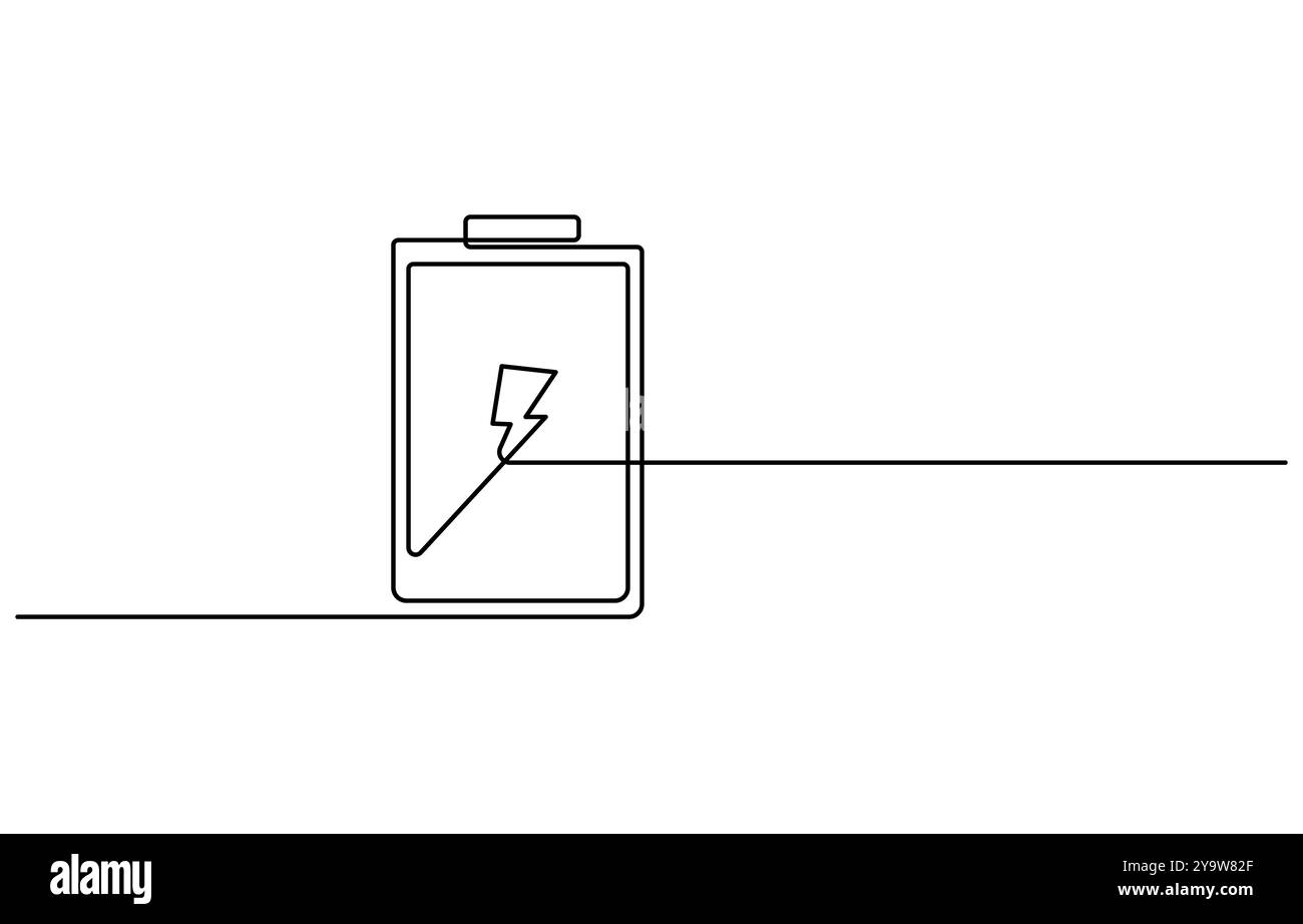 One continuous line drawing of battery charging. Lightning bolt symbol ...