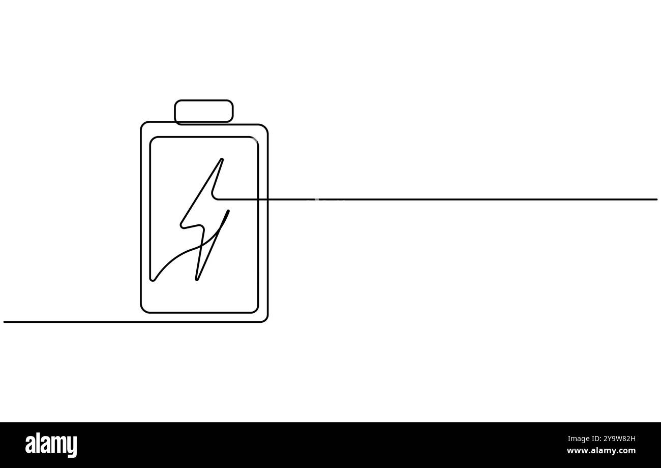 One continuous line drawing of battery charging. Lightning bolt symbol ...