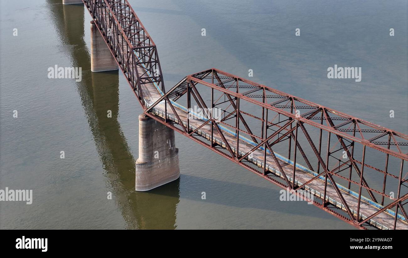 Aerial view of the old Chain of Rocks Bridge with bend on Route 66 over ...
