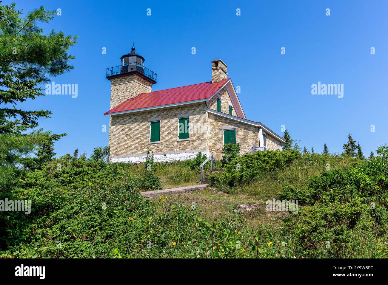 Close-up view of Copper Harbor Lighthouse, set upon a hill in historic ...