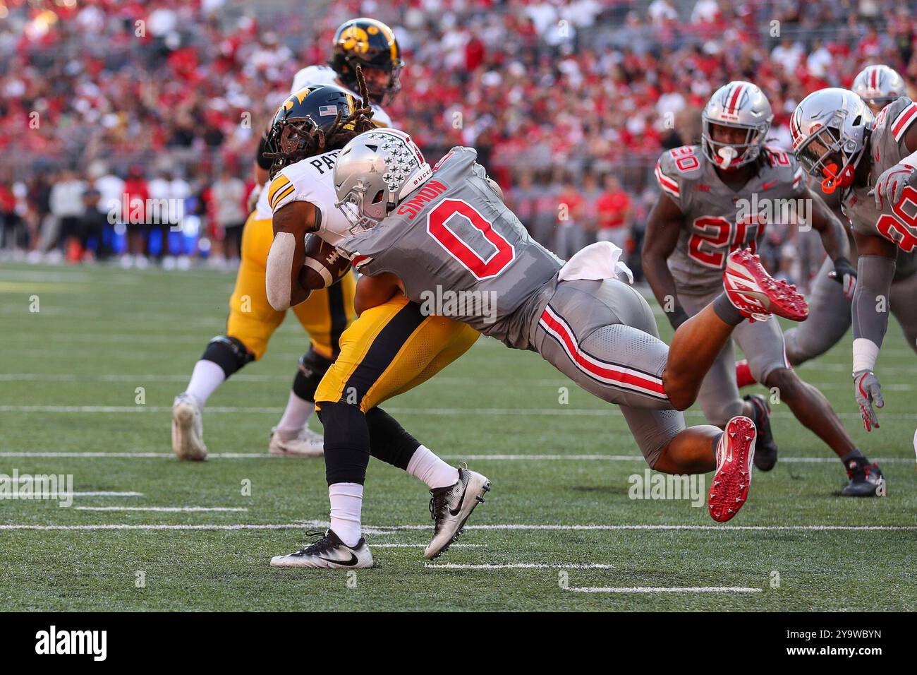 COLUMBUS, OH - OCTOBER 05: Ohio State Buckeyes linebacker Cody Simon (0) makes a tackle during ...