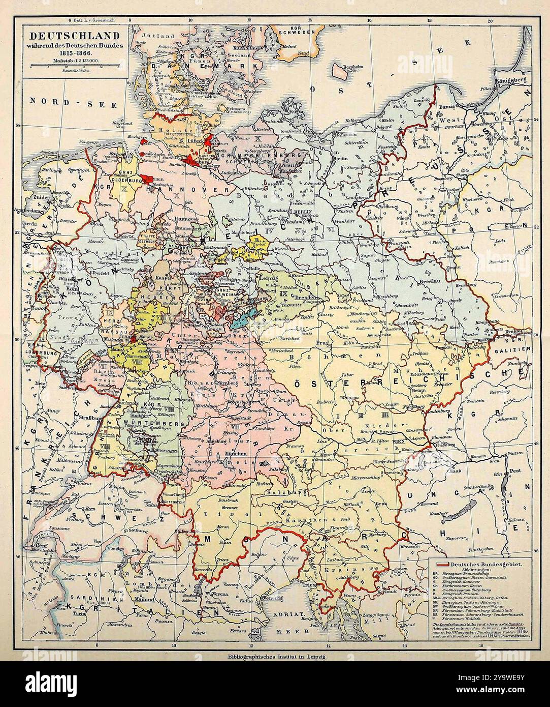 Germany and German Confederation, 1815-1866. Vintage map of 19th century Germany by Hans Meyer ...