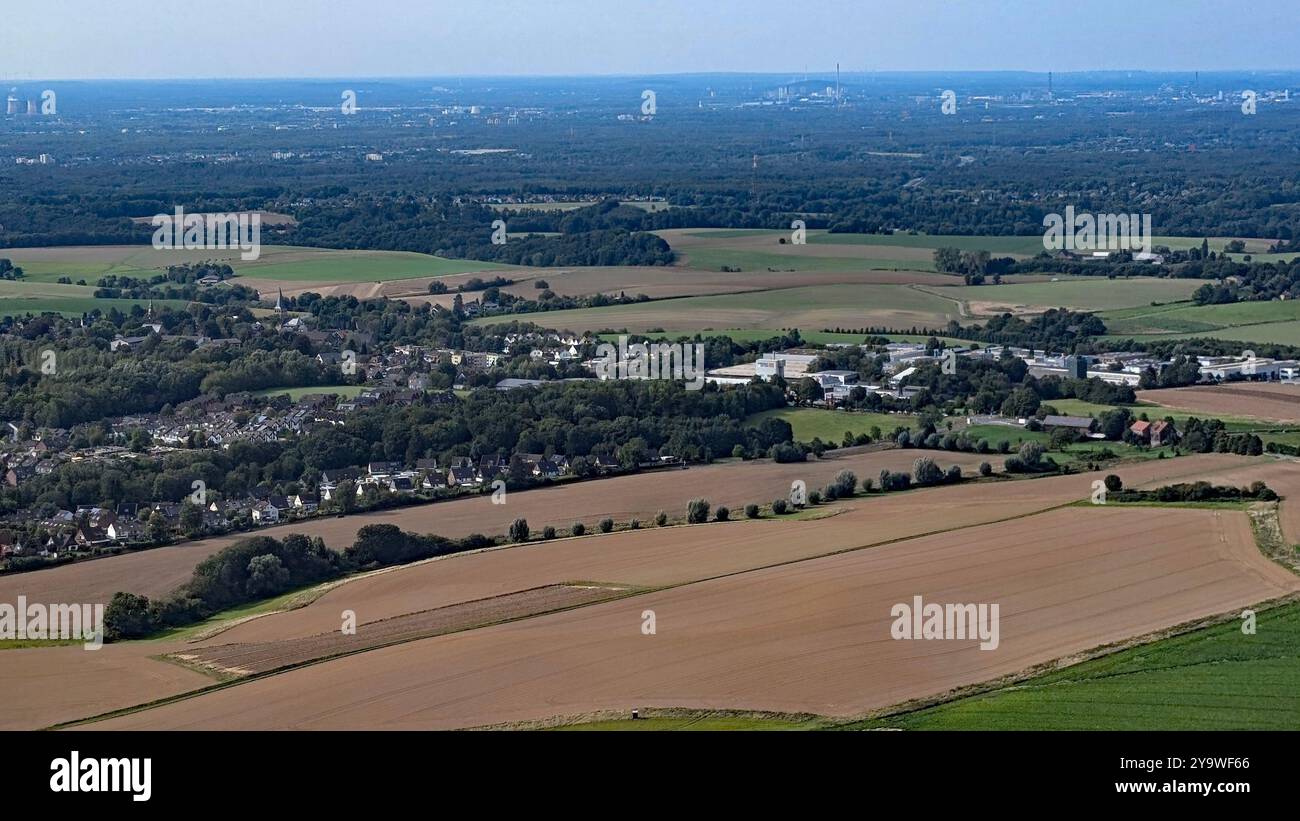 View from above of the village of Ratingen Homberg with fields, forests ...