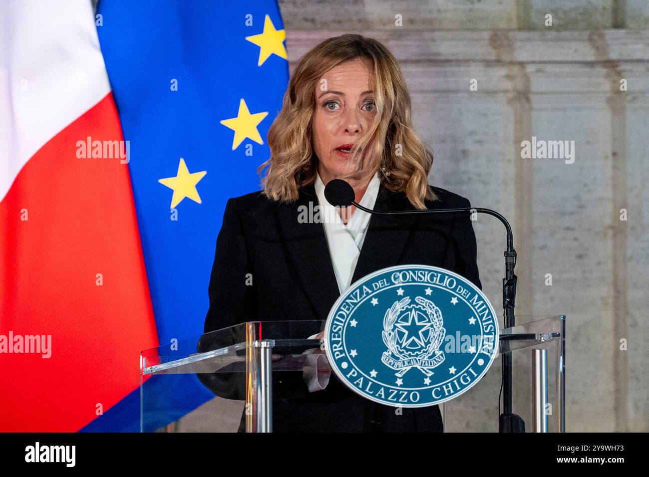Italian Premier Giorgia Meloni seen during a press conference after ...