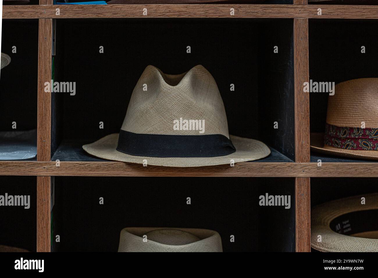 Panama hats in shelf at Lock & Co at St James Street in London Stock ...