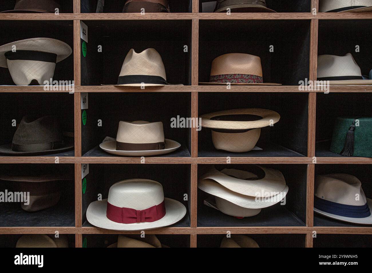 Panama hats in shelf at Lock & Co at St James Street in London Stock ...