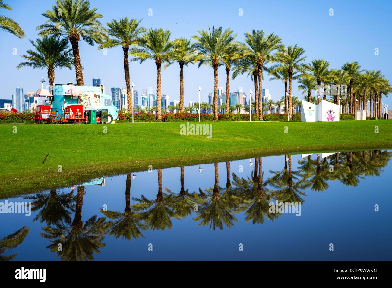 Doha, Qatar: Nov.2013 Reflection of palm trees on the water at sunrise ...