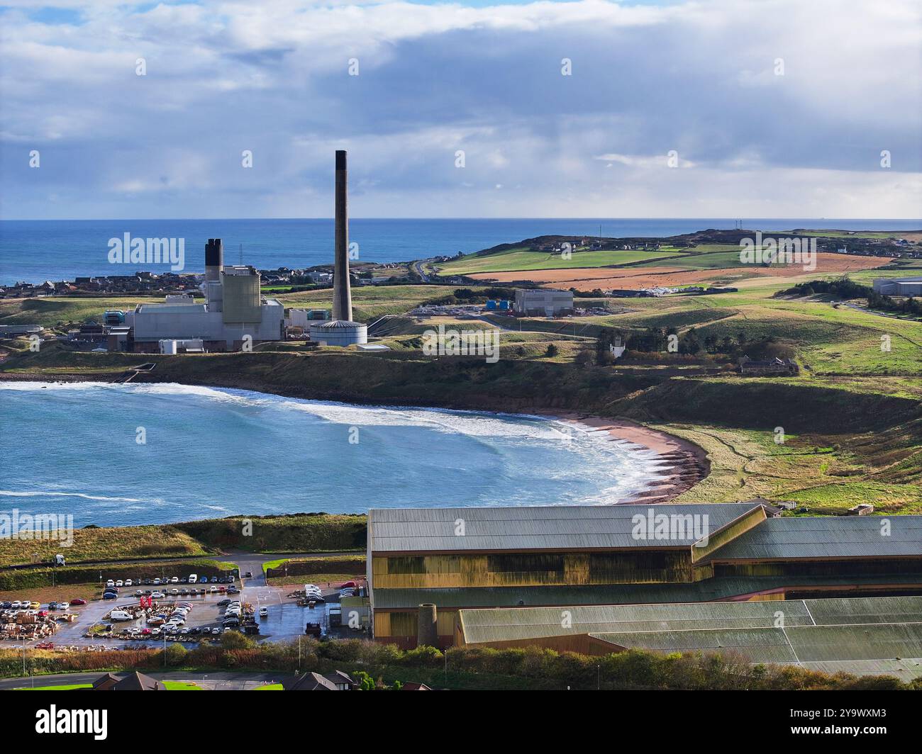 Aerial drone view of Peterhead Power Station actoss Sandford Bay Stock ...