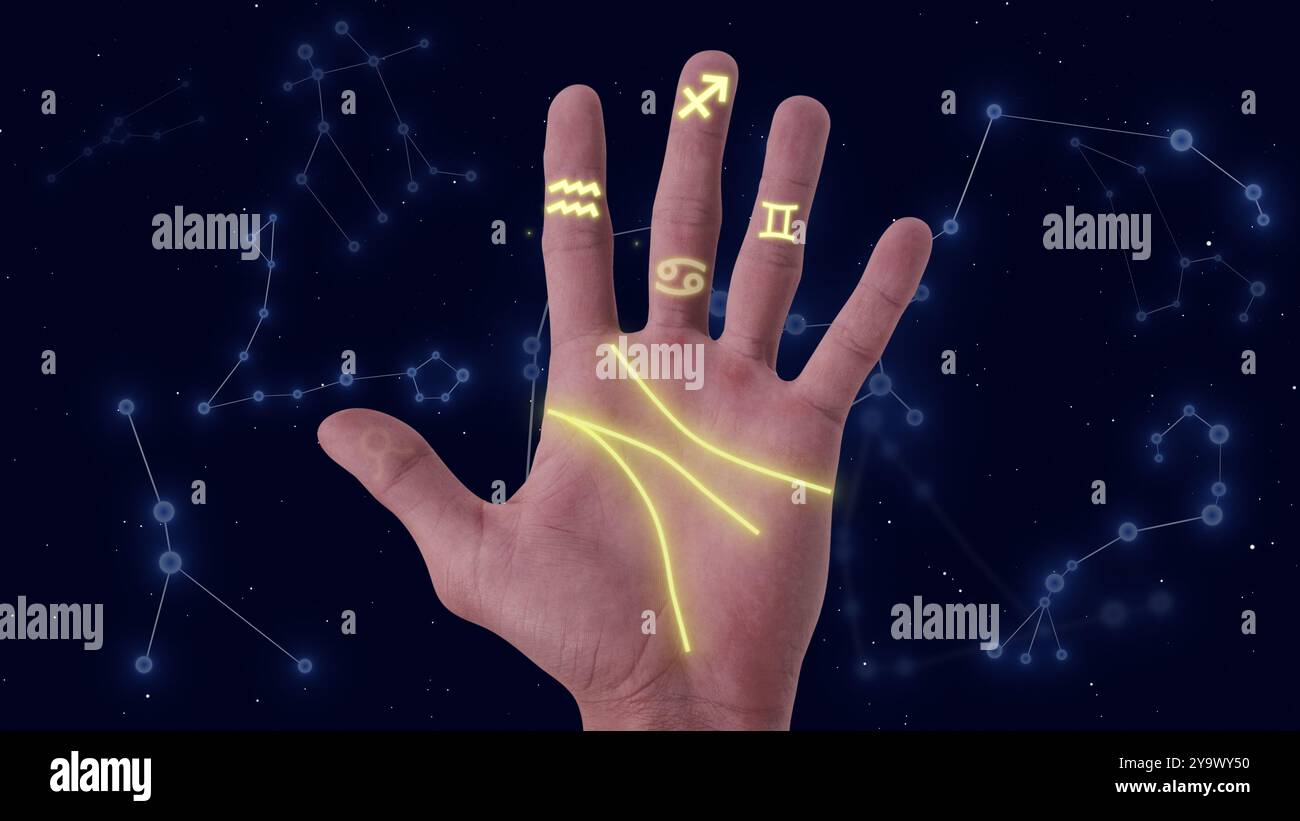 Constellation background with a palmistry hand Stock Photo - Alamy