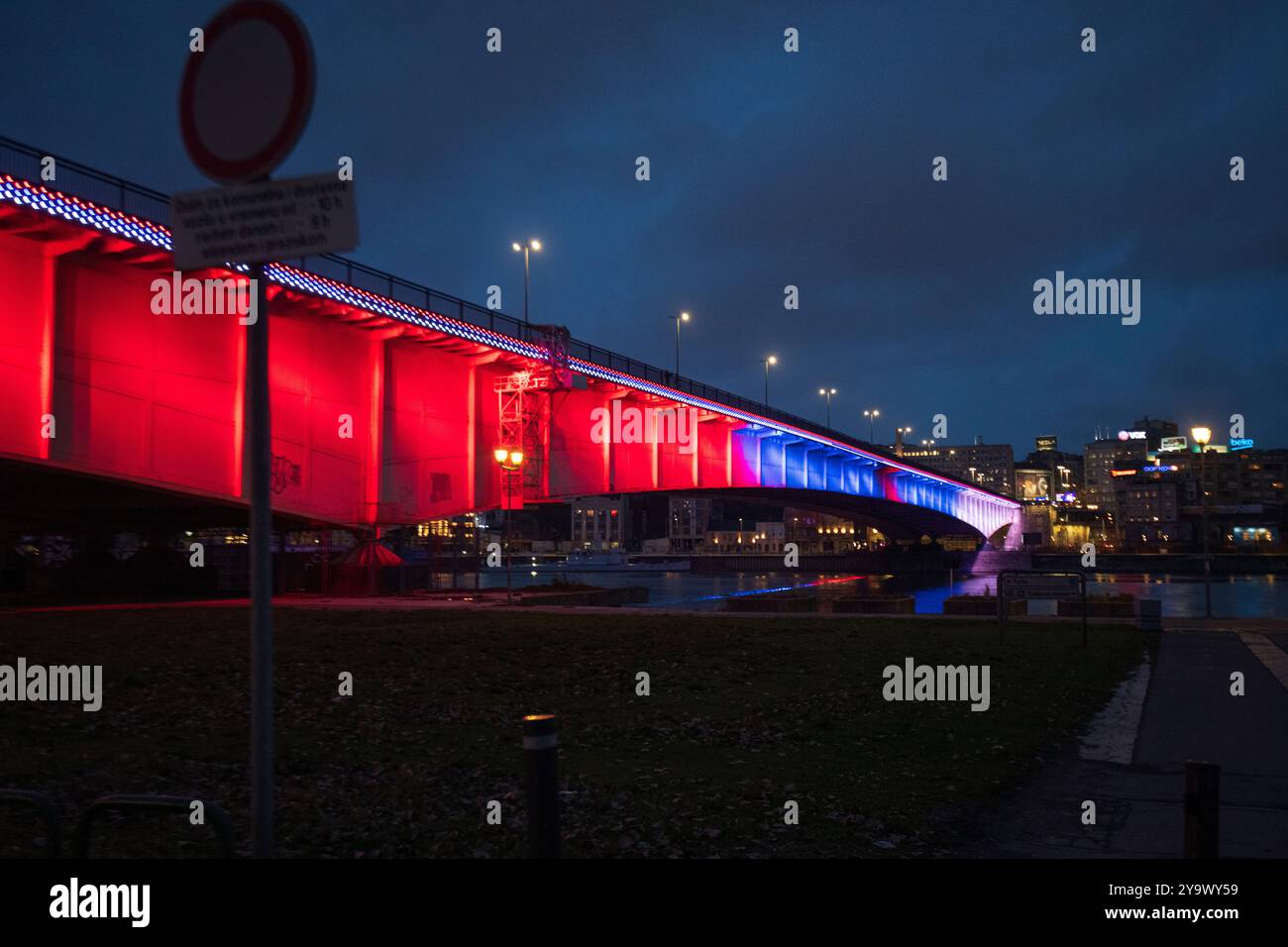 Belgrade: Brankov Most (bridge) illuminated with Serbian flag colours ...