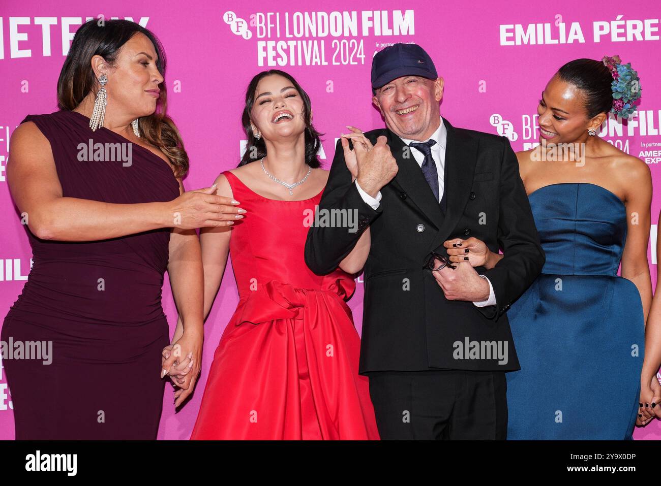 Karla Sofía Gascon, from left, Selena Gomez, director Jacques Audiard, and Zoe Saldana pose for ...