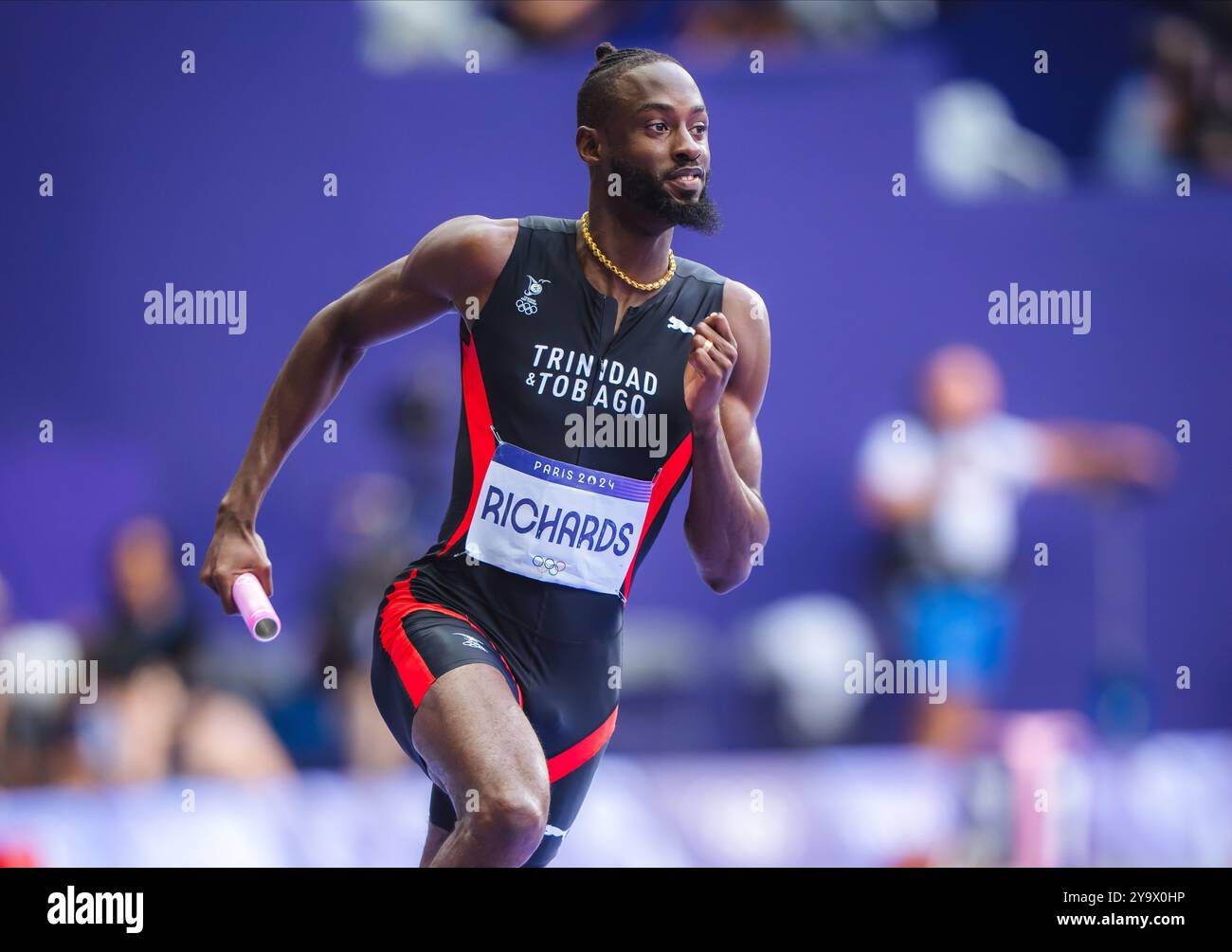 Jereem Richards participating in the 4X400 meters relay at the Paris ...